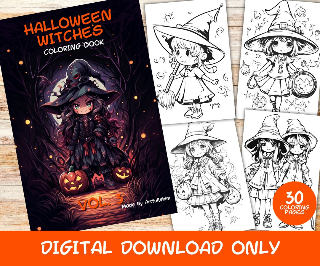 30 Halloween Witches Volume 3 Coloring Pages Book, Adults, Instant ...