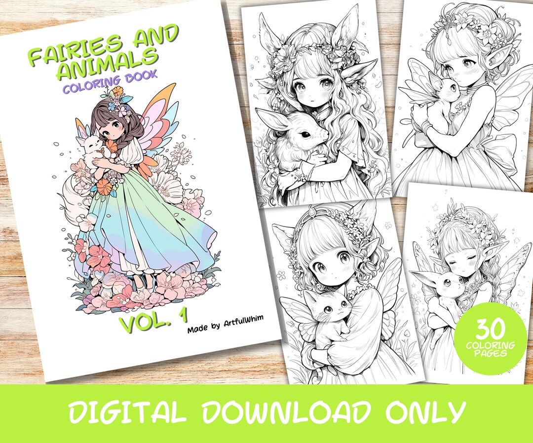 30 Fairies and Animals Volume 1 Coloring Pages Book, Kids, Adults ...