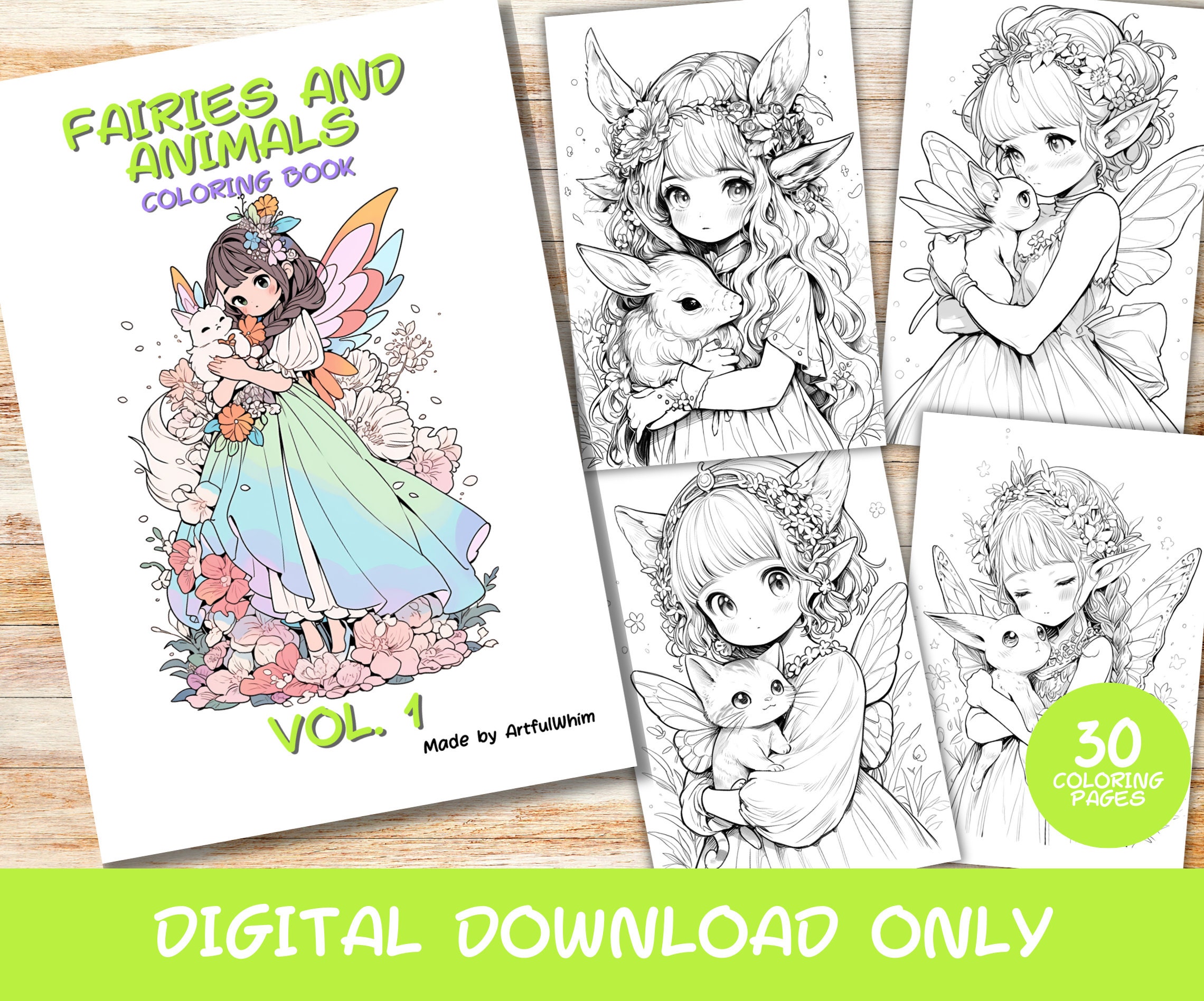 30 Fairies and Animals Volume 1 Coloring Pages Book, Kids, Adults ...