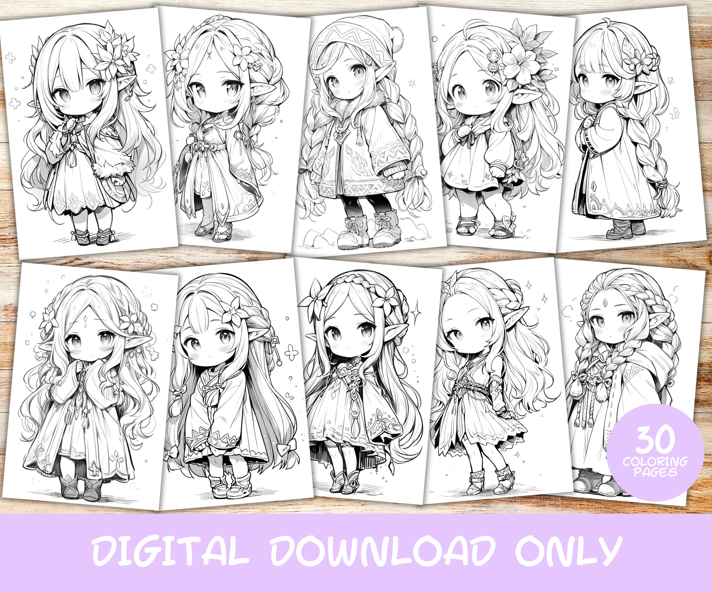 30 Kawaii Elf Girls Volume 1 Coloring Pages Book, Kids, Adult, Instant ...