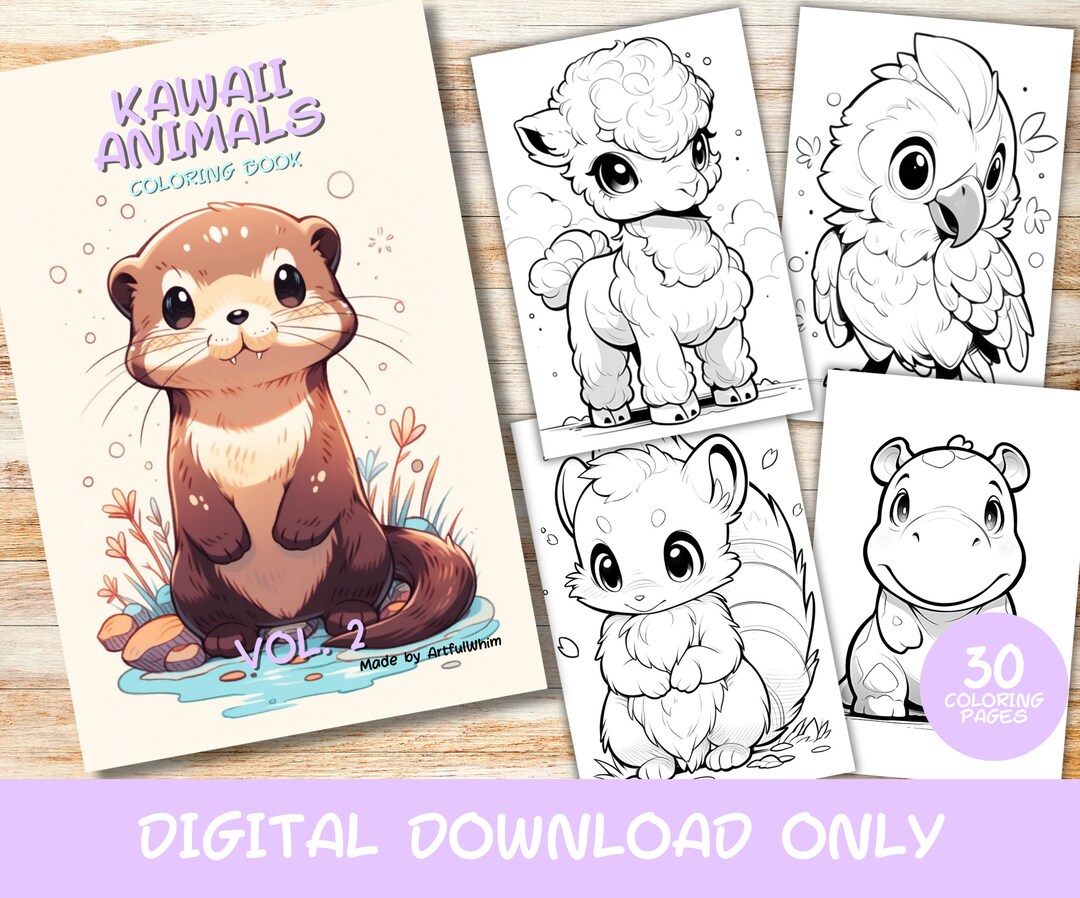 30 Kawaii Animals Volume 2 Coloring Pages Book, Kids, Adult, Instant ...