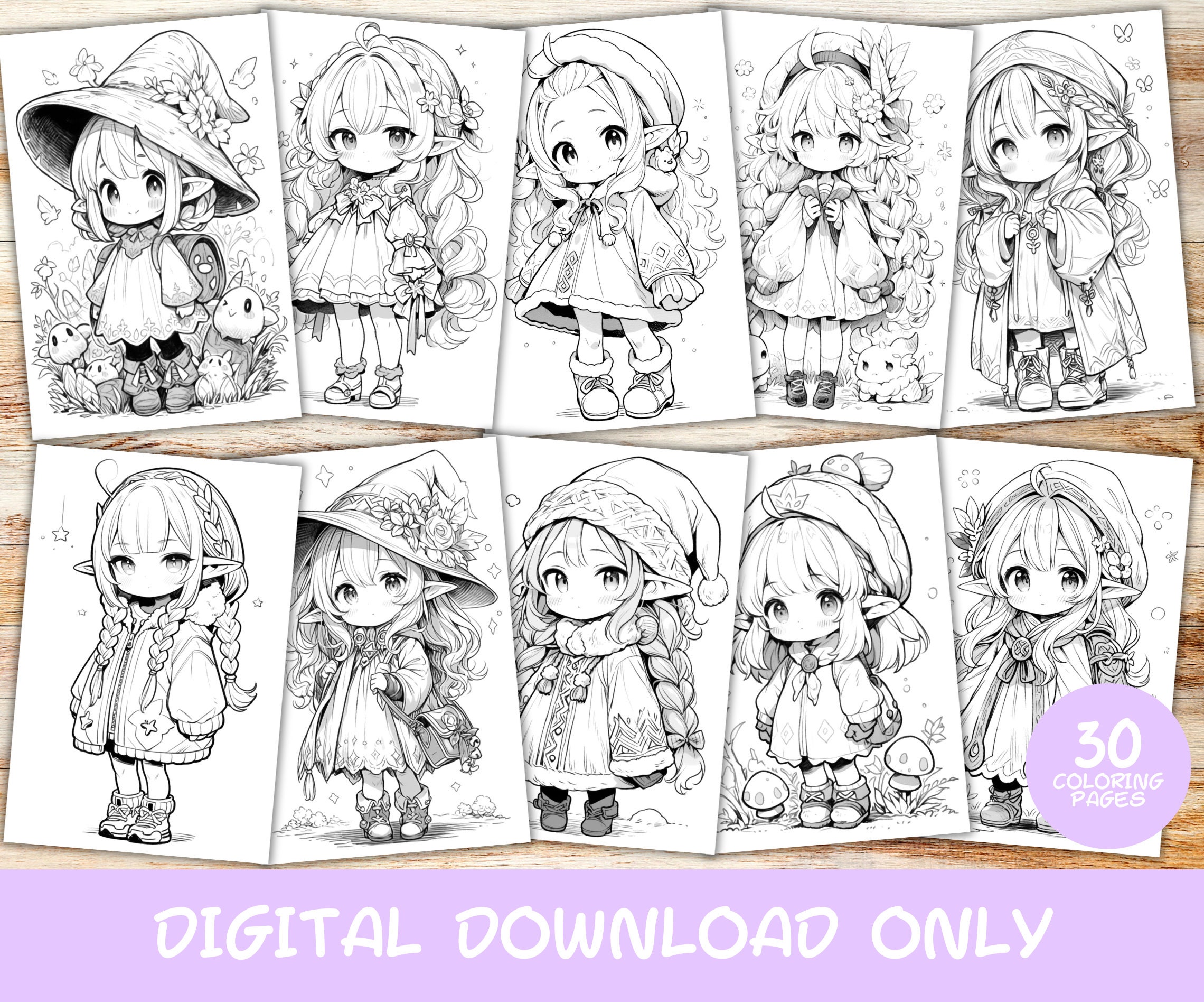 30 Kawaii Elf Girls Volume 1 Coloring Pages Book, Kids, Adult, Instant ...