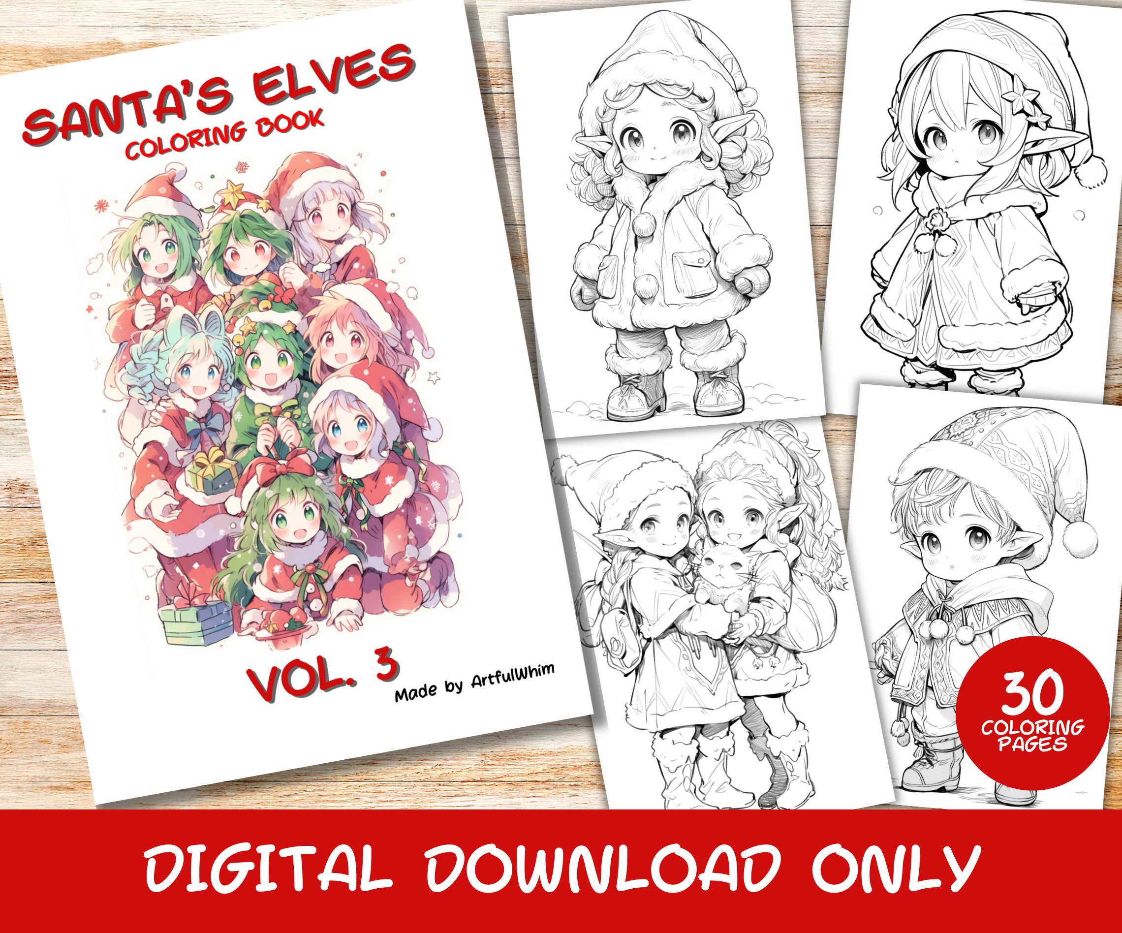 30 Santa's Elves Volume 3 Coloring Pages Book, Kids, Instant Download ...