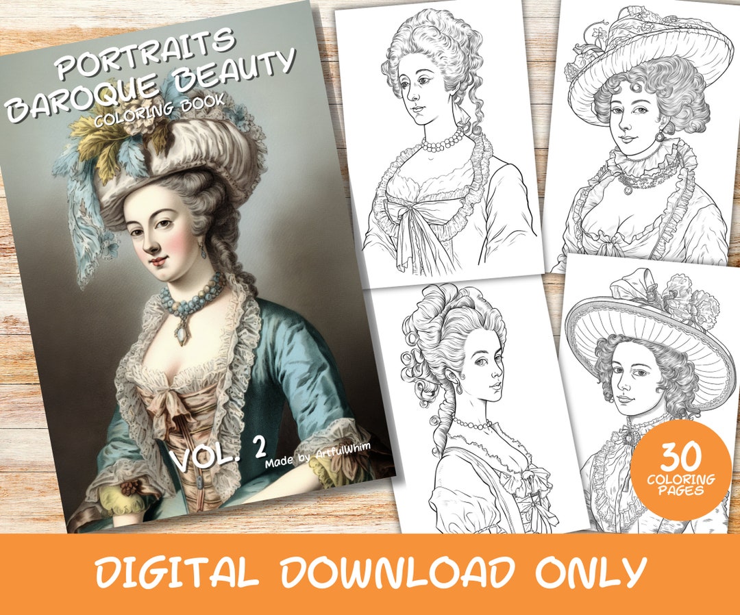 30 Portraits Baroque Beauty Volume 2 Coloring Pages Book, Kids, Adults ...