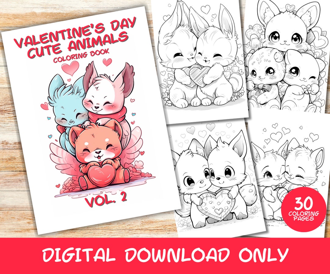 30 Valentines Day Cute Animals Volume 2 Coloring Pages Book, Kids ...