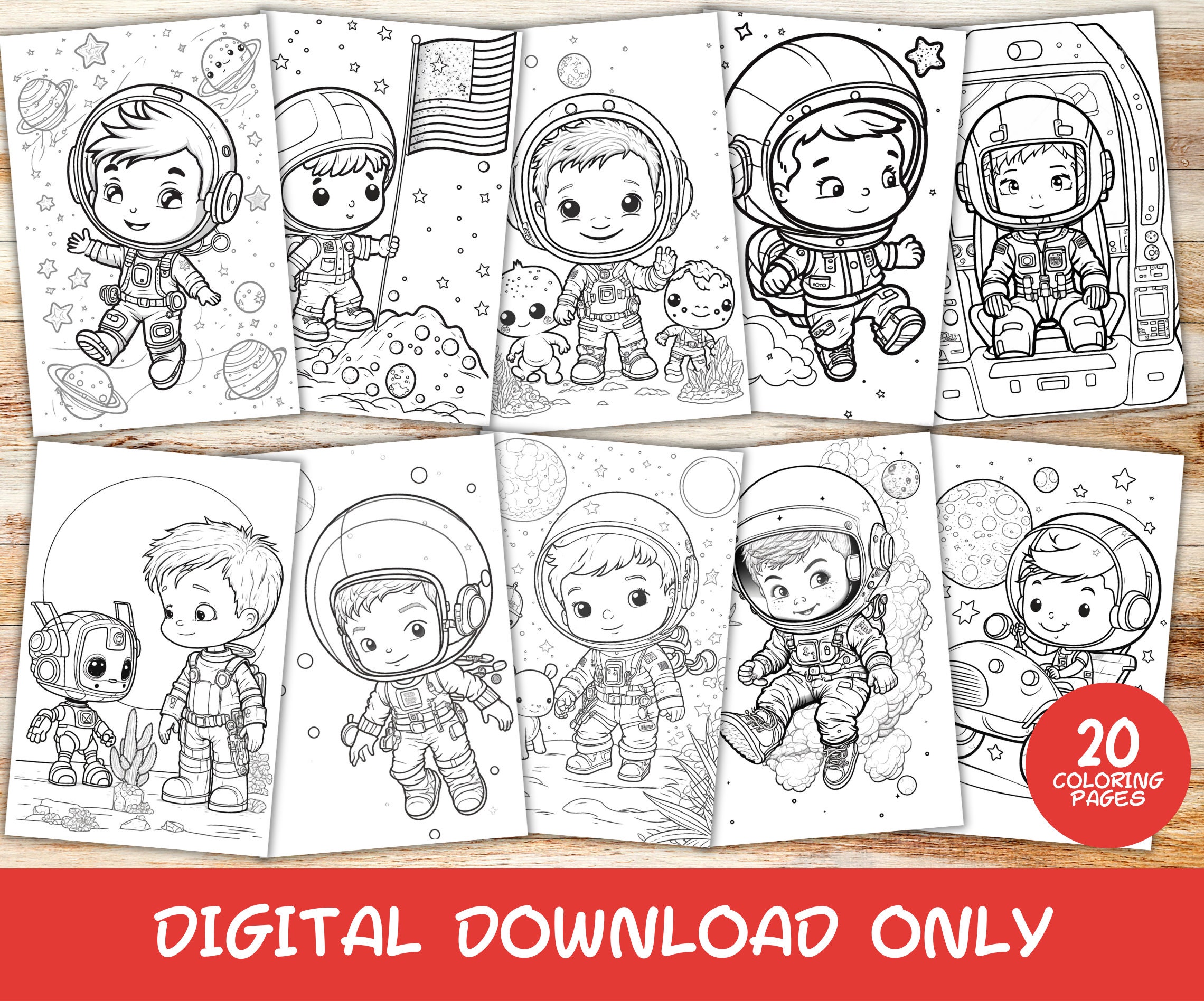 20 Little Astronaut Coloring Pages Book, Kids, Instant Download ...