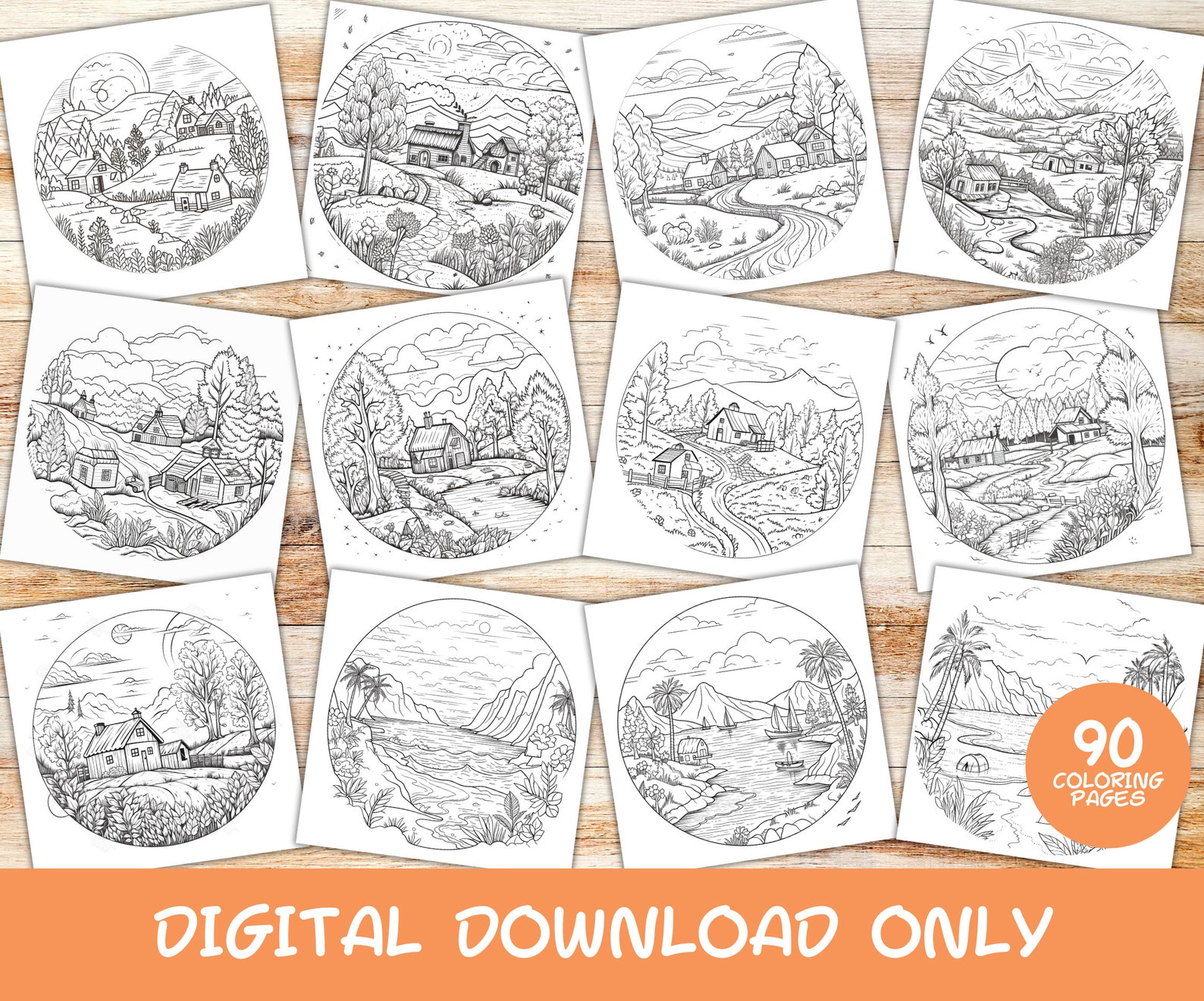 90 Boho Landscapes Coloring Pages for Adults,instant Download Grayscale ...
