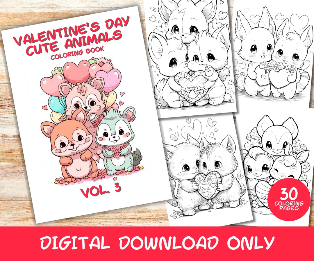 30 Valentine’s Day Cute Animals Volume 3 Coloring Pages Book, Kids ...