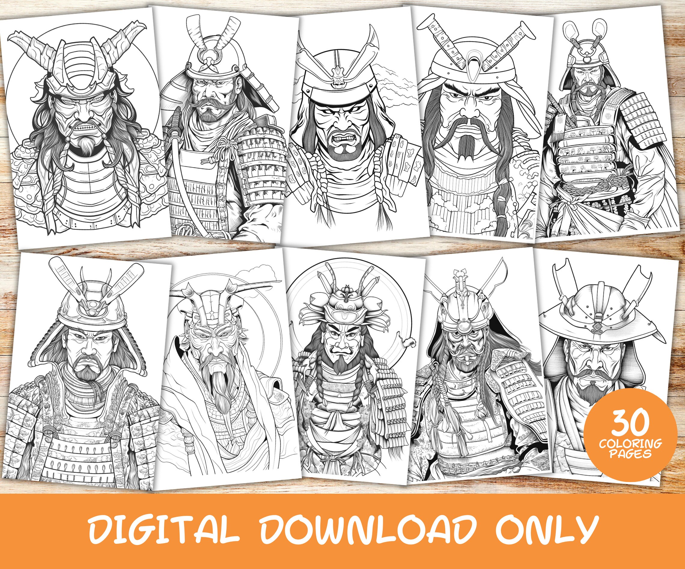 30 Portraits Samurai Volume 1 Coloring Pages Book, Kids, Adults Instant ...