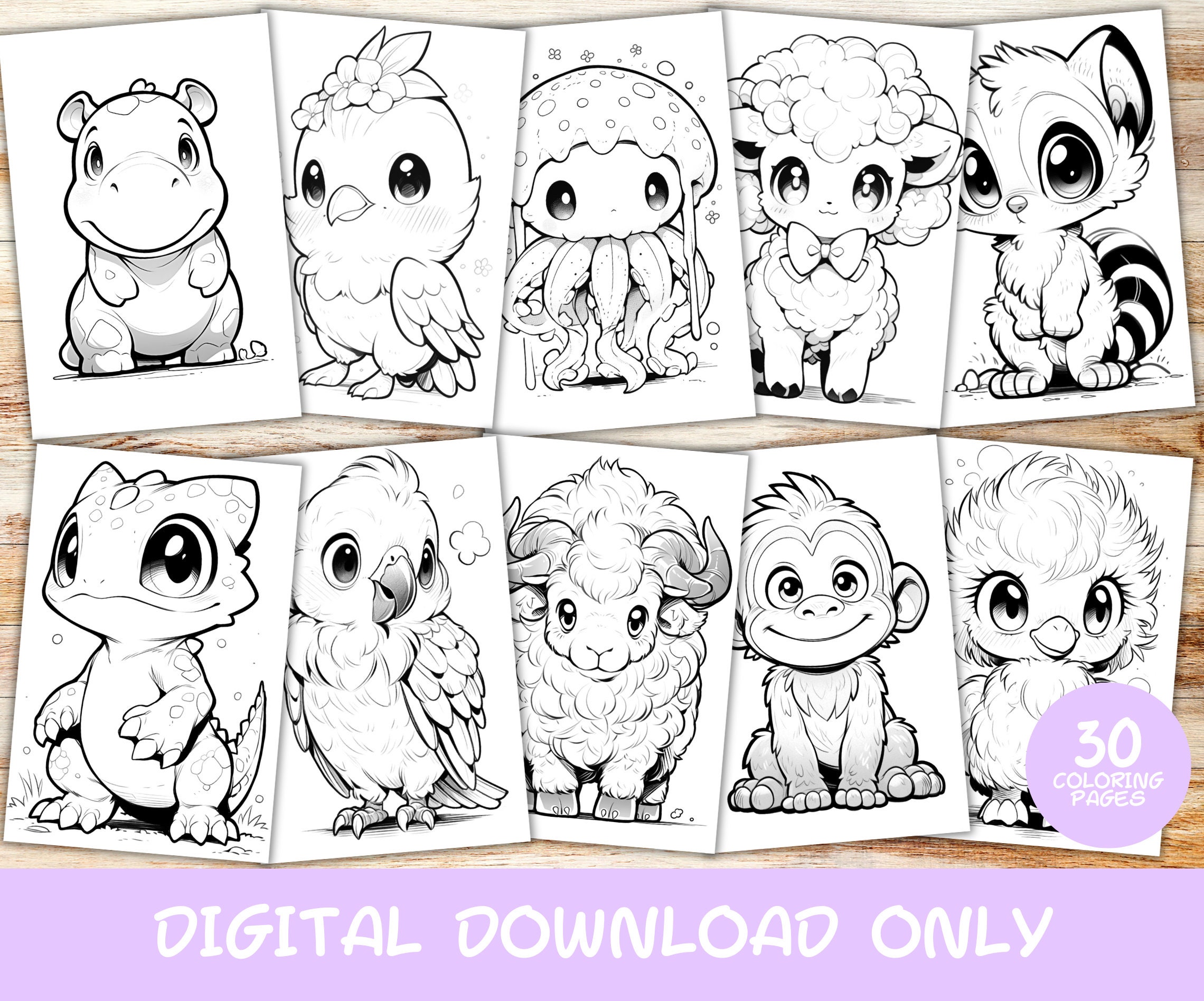 30 Kawaii Animals Volume 2 Coloring Pages Book, Kids, Adult, Instant ...