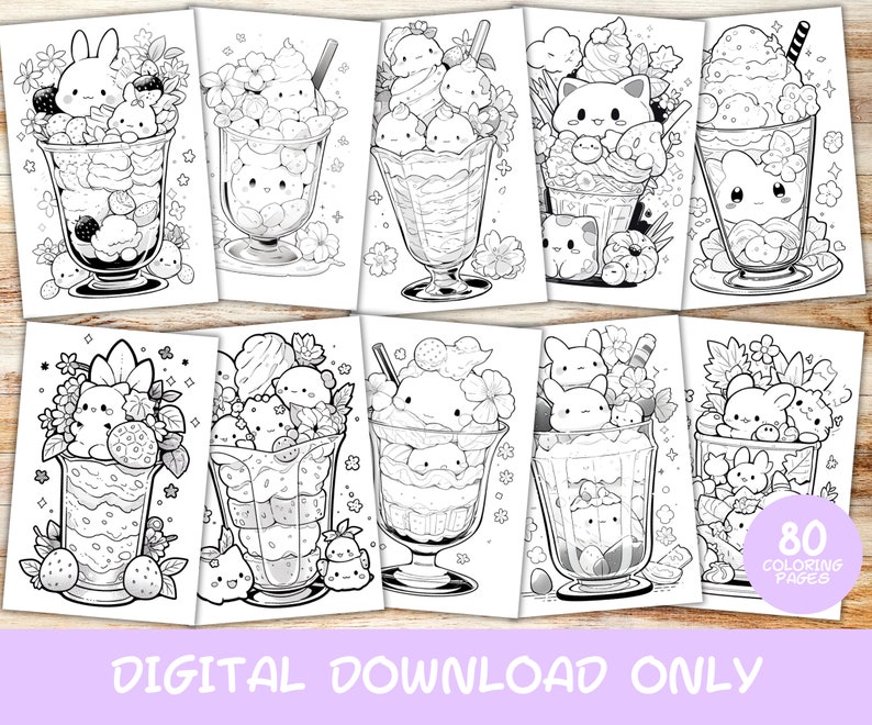 80 Kawaii Summer Desserts Coloring Pages Book, Kids, Adults, Instant ...