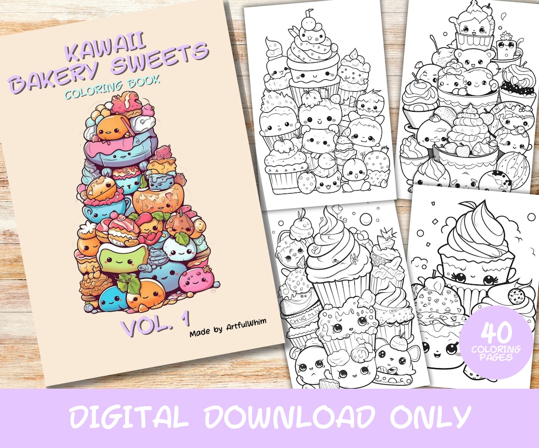 40 Kawaii Bakery Sweets Coloring Pages Book Volume 1, Kids, Adults ...