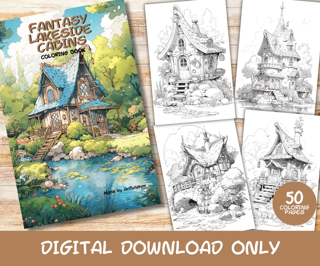 50 Fantasy Lakeside Cabins Coloring Pages Book, Kids, Adults, Instant ...