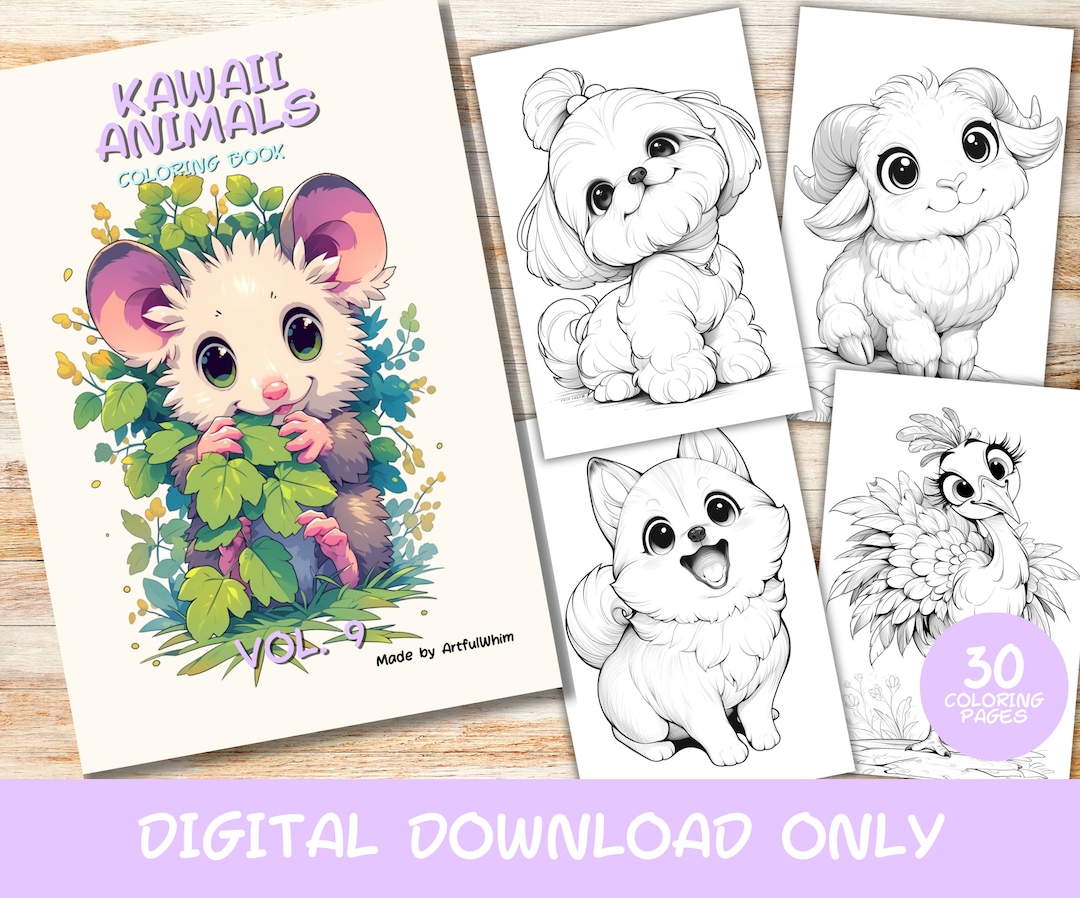 30 Kawaii Animals Volume 9 Coloring Pages Book, Kids, Adults, Instant ...