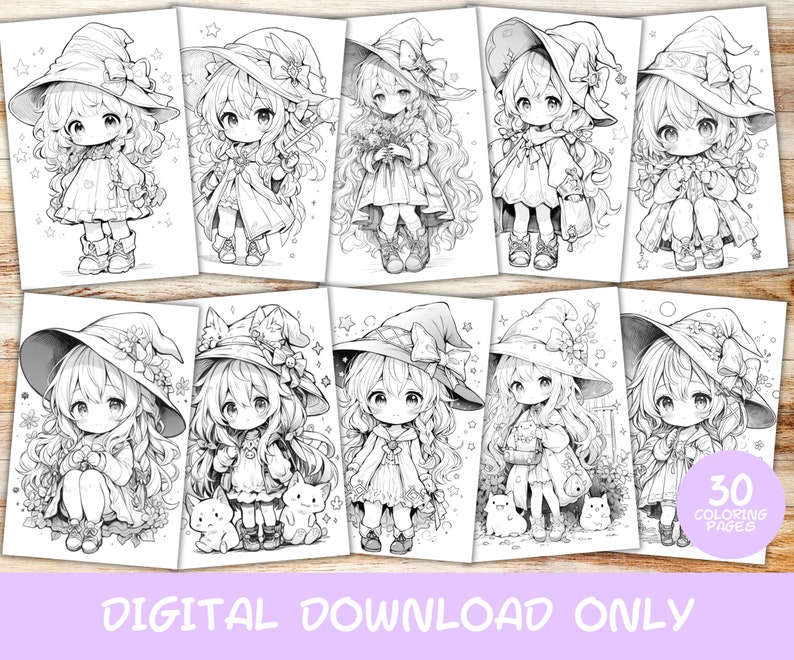 30 Kawaii Witches Volume 1 Coloring Pages Book, Kids, Adult, Instant ...