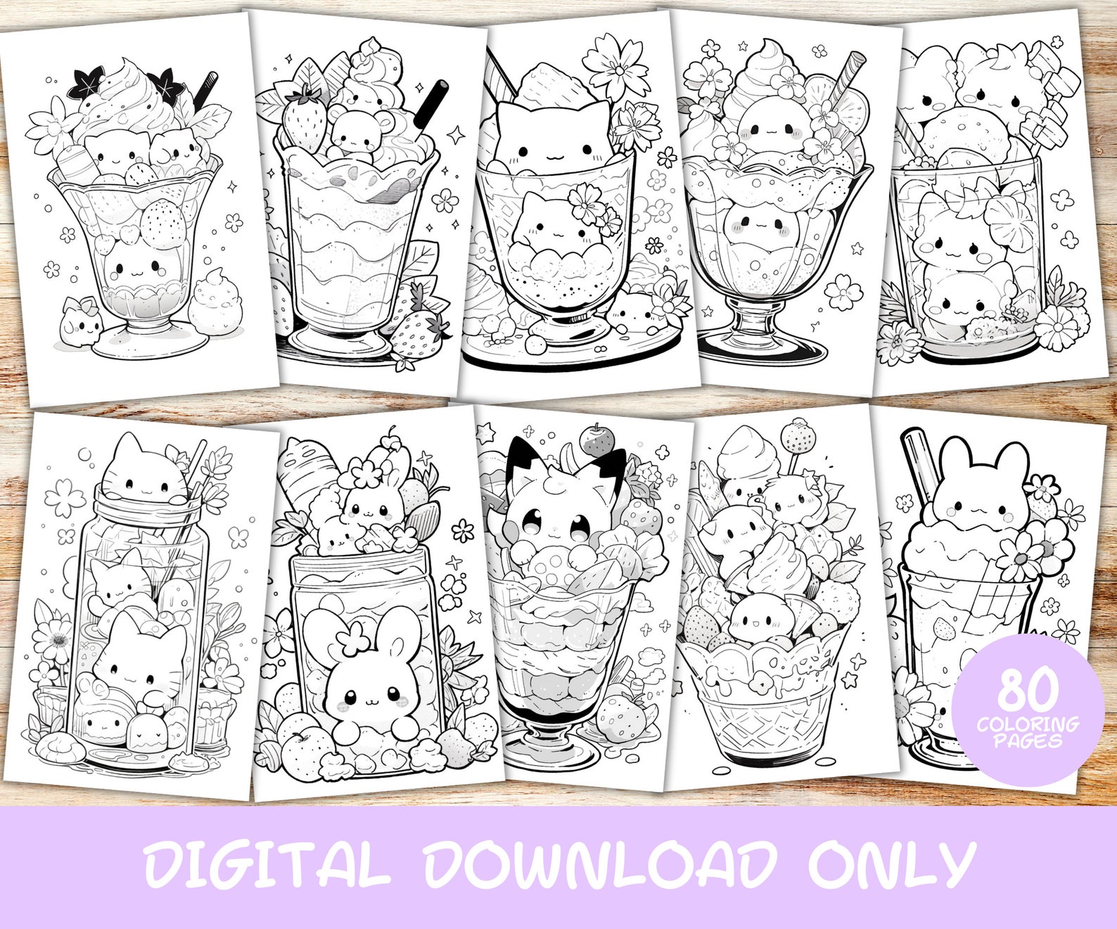 80 Kawaii Summer Desserts Coloring Pages Book, Kids, Adults, Instant ...