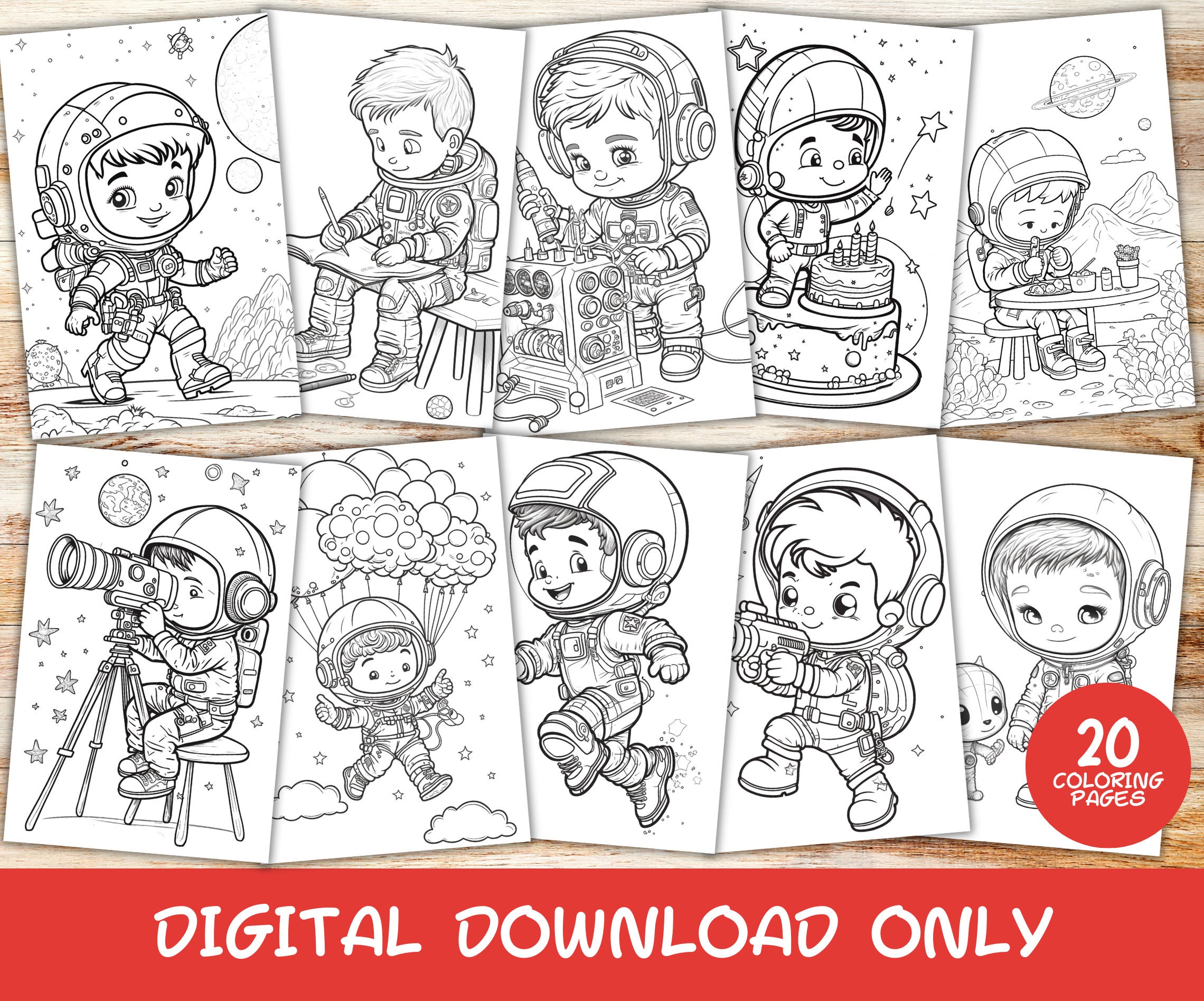 20 Little Astronaut Coloring Pages Book, Kids, Instant Download ...