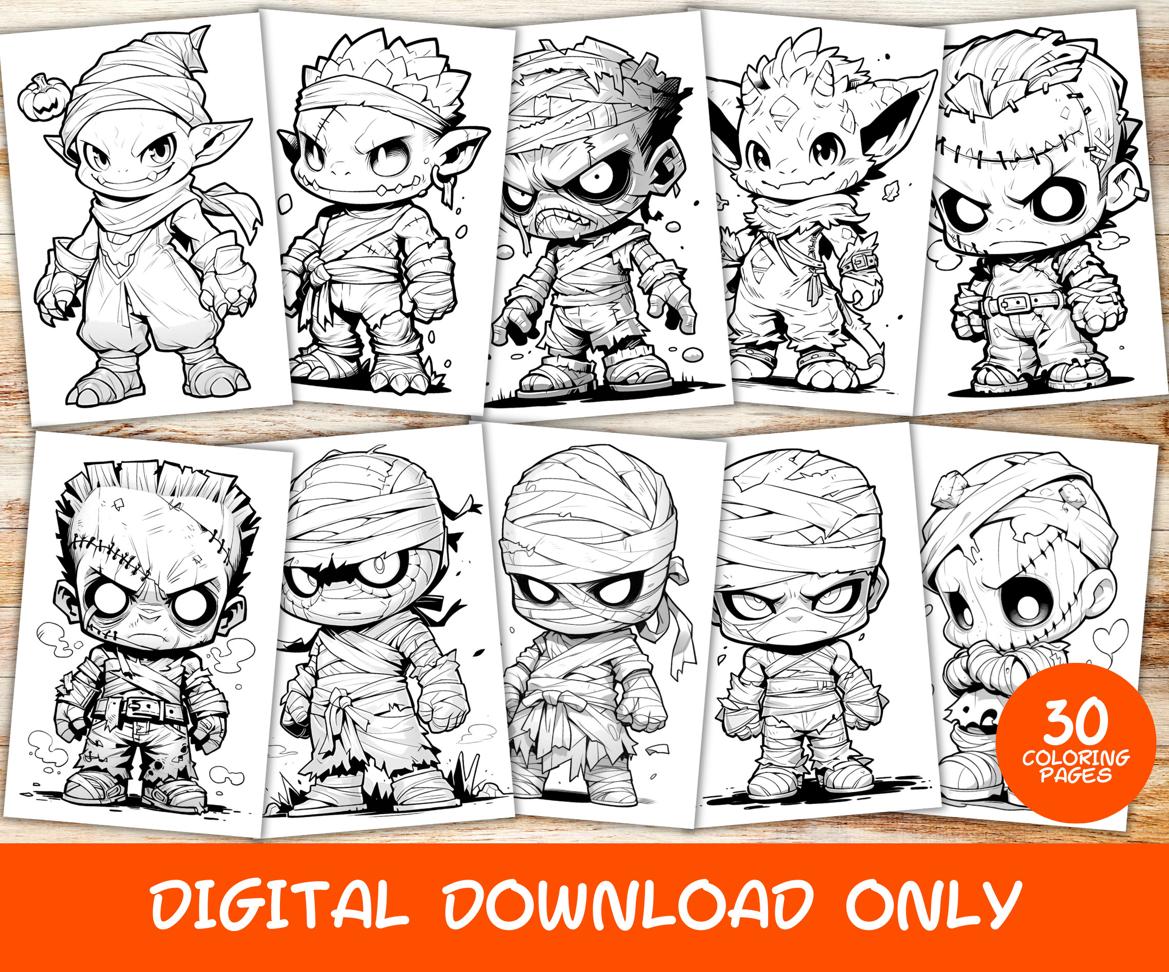 30 Halloween Monsters Volume 1 Coloring Pages Book, Adults, Instant ...