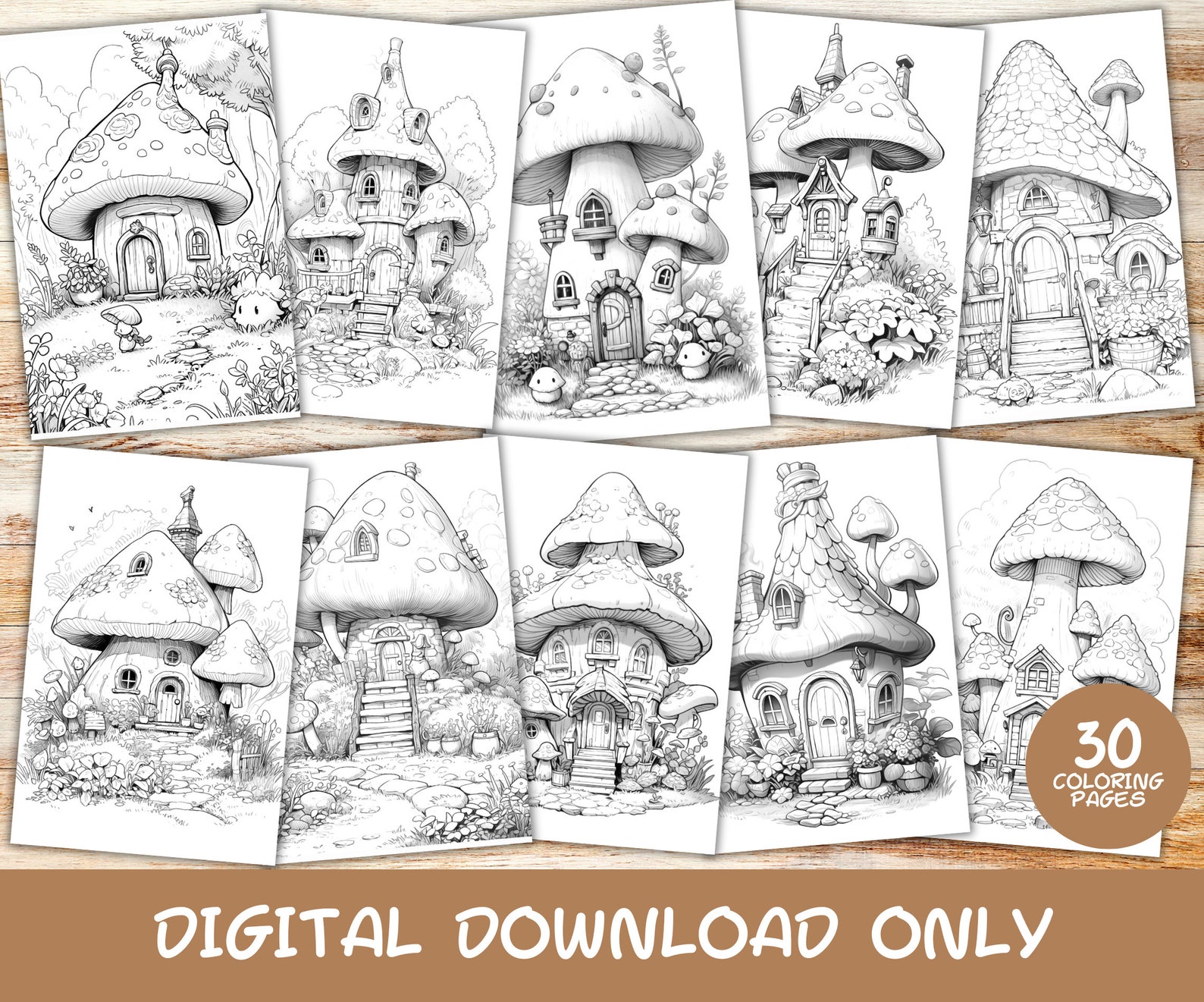 30 Fantasy Mushroom Cottages Volume 1 Coloring Pages Book, Kids, Adults ...