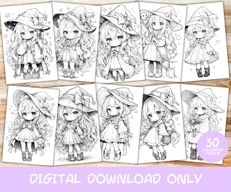 30 Kawaii Witches Volume 2 Coloring Pages Book, Kids, Adult, Instant ...