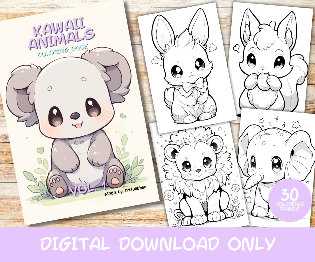 30 Kawaii Animals Volume 1 Coloring Pages Book, Kids, Adults, Instant ...