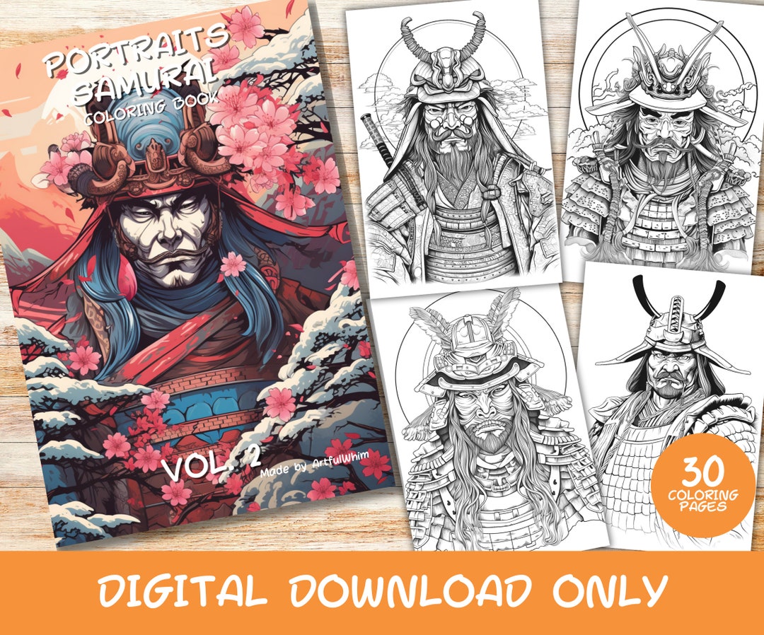 30 Portraits Samurai Volume 2 Coloring Pages Book, Kids, Adults Instant ...