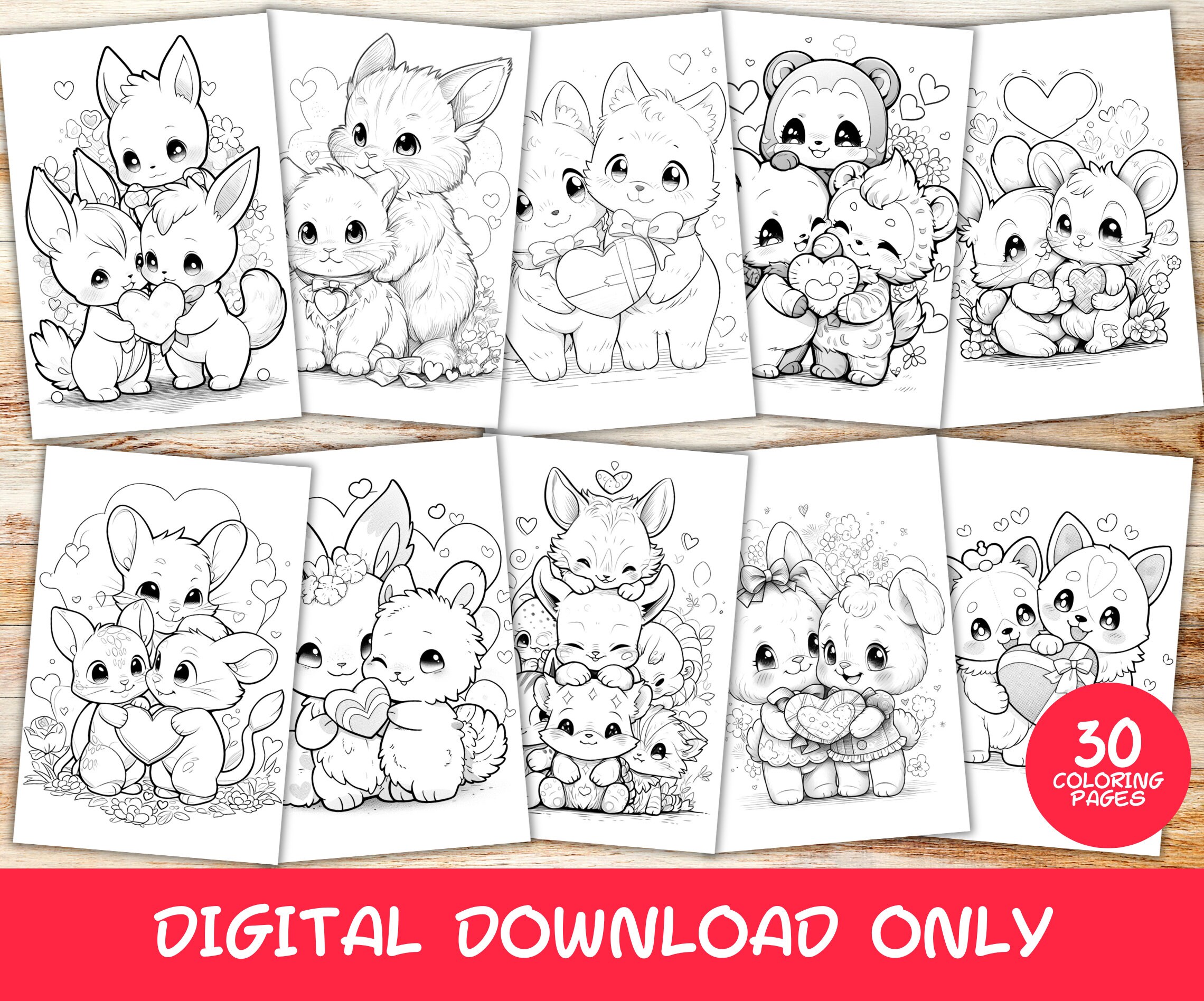 30 Valentines Day Cute Animals Volume 1 Coloring Pages Book, Kids ...