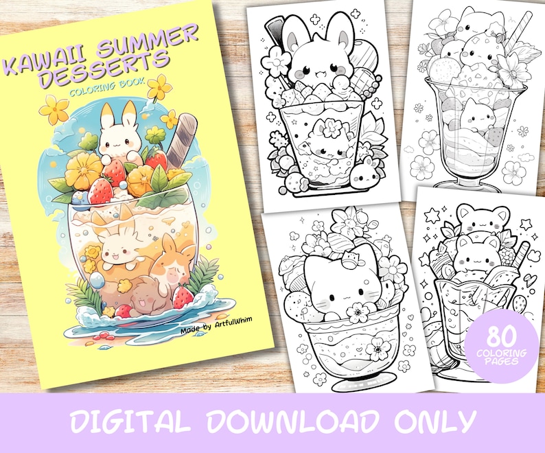 80 Kawaii Summer Desserts Coloring Pages Book, Kids, Adults, Instant ...