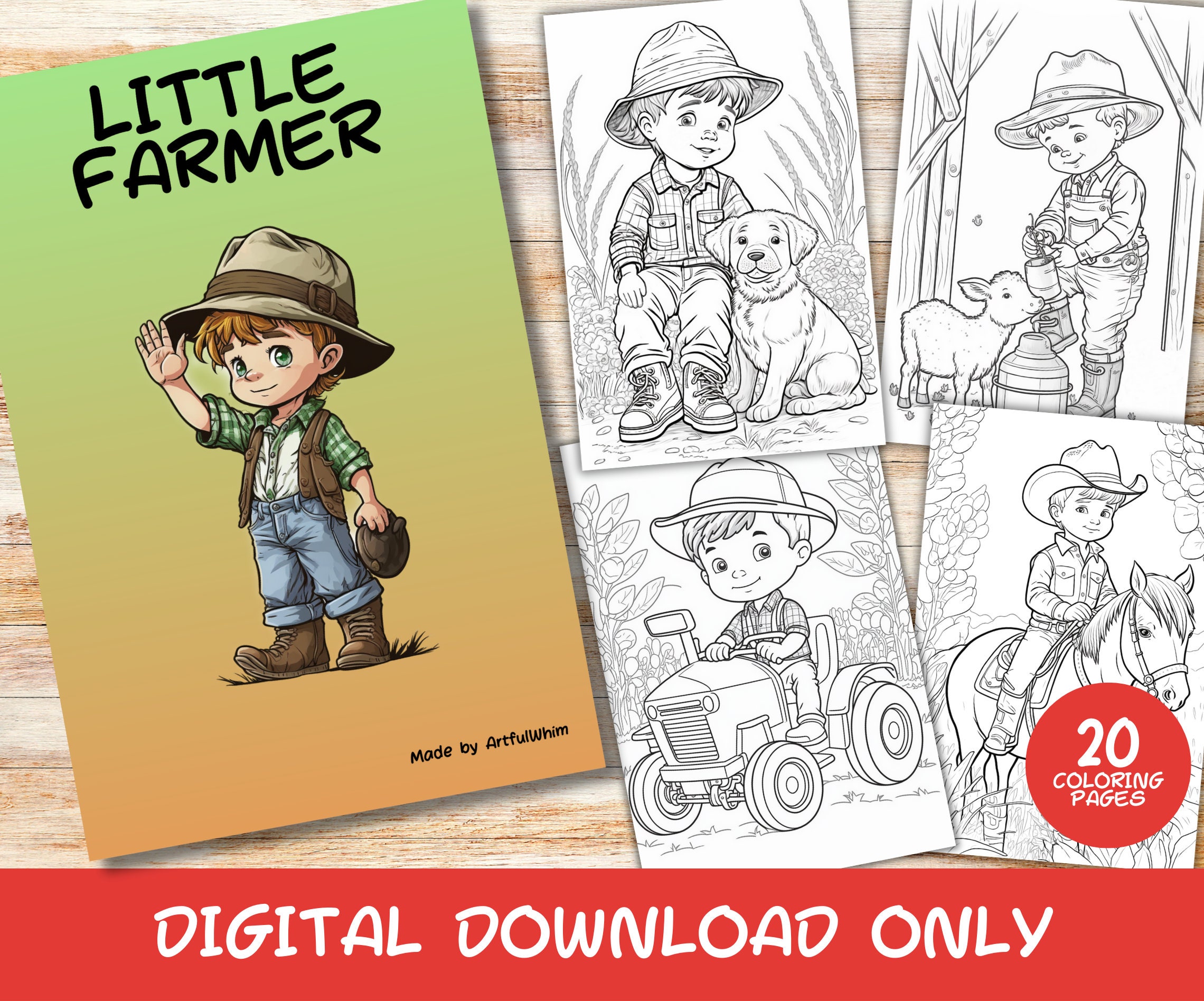 20 Little Farmer Coloring Pages Book, Kids, Instant Download Grayscale ...
