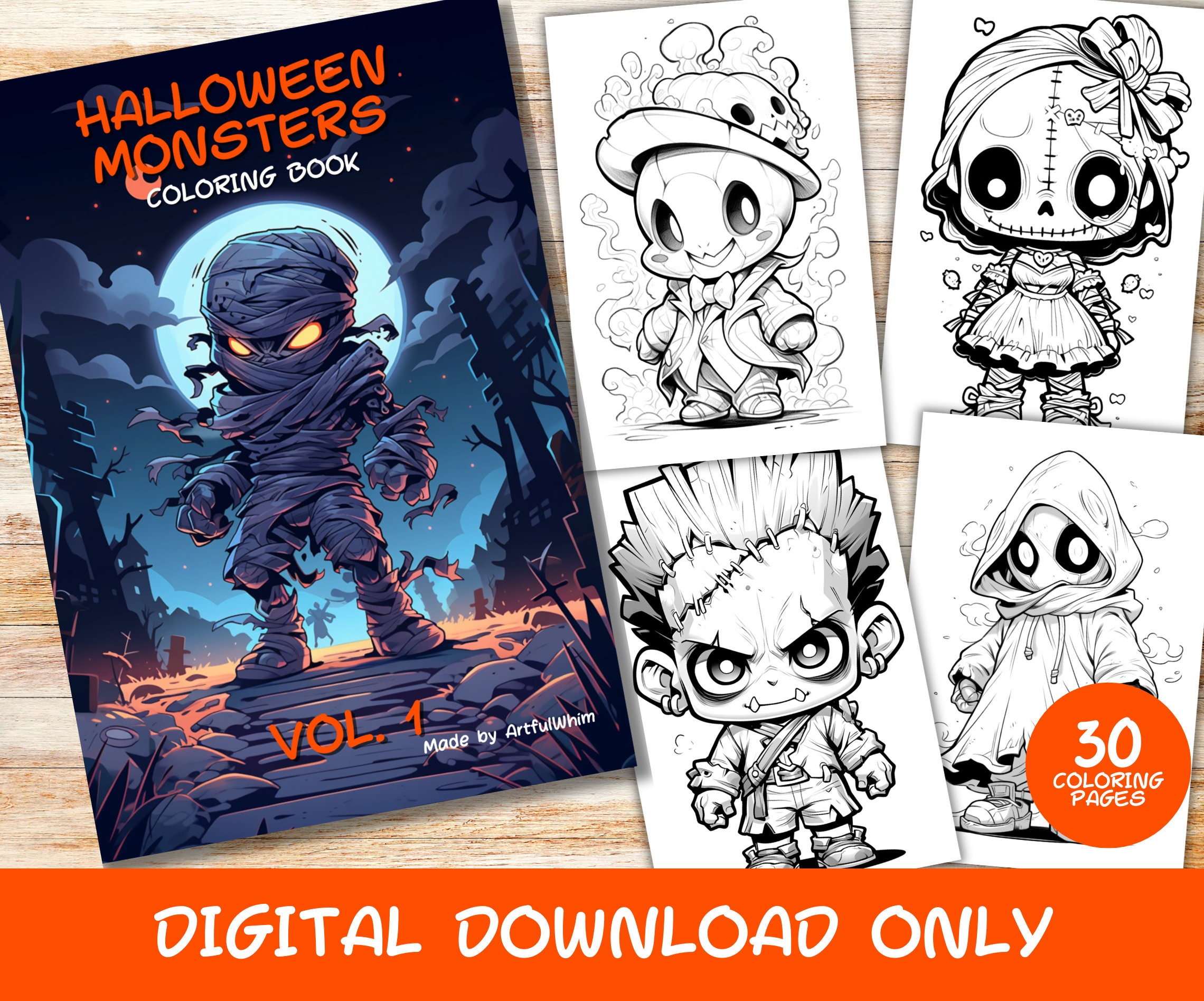 30 Halloween Monsters Volume 1 Coloring Pages Book, Adults, Instant ...