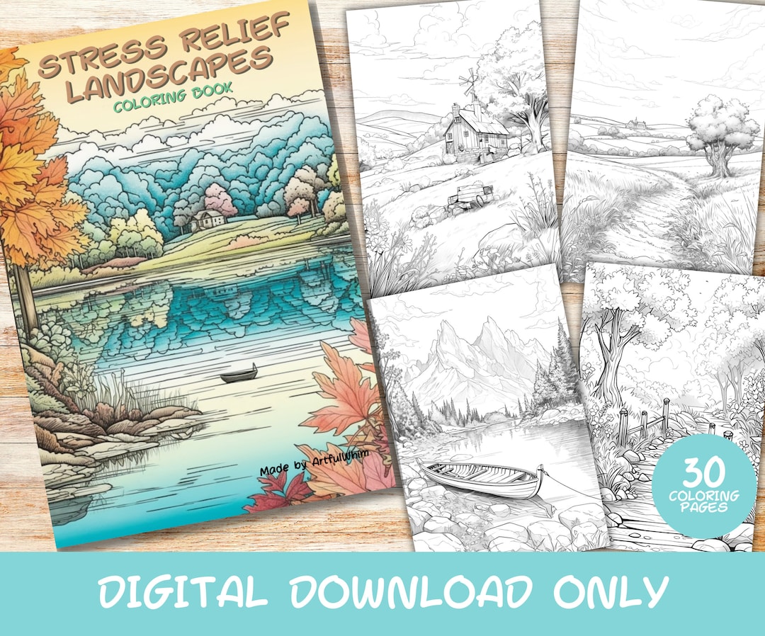 30 Stress Relief Landscapes Coloring Pages Book, Adults, Instant ...