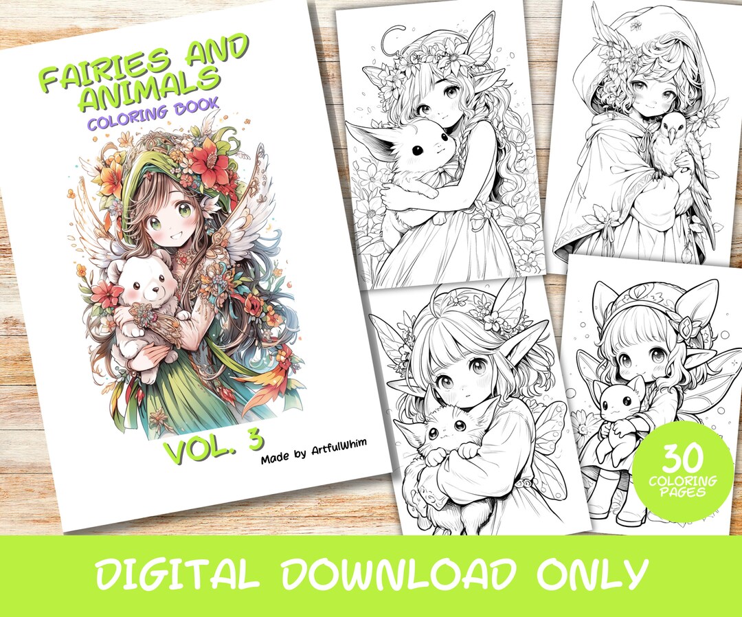 30 Fairies and Animals Volume 3 Coloring Pages Book, Kids, Adults ...