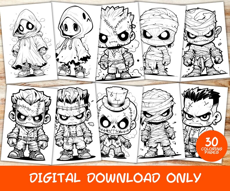 30 Halloween Monsters Volume 1 Coloring Pages Book, Adults, Instant ...