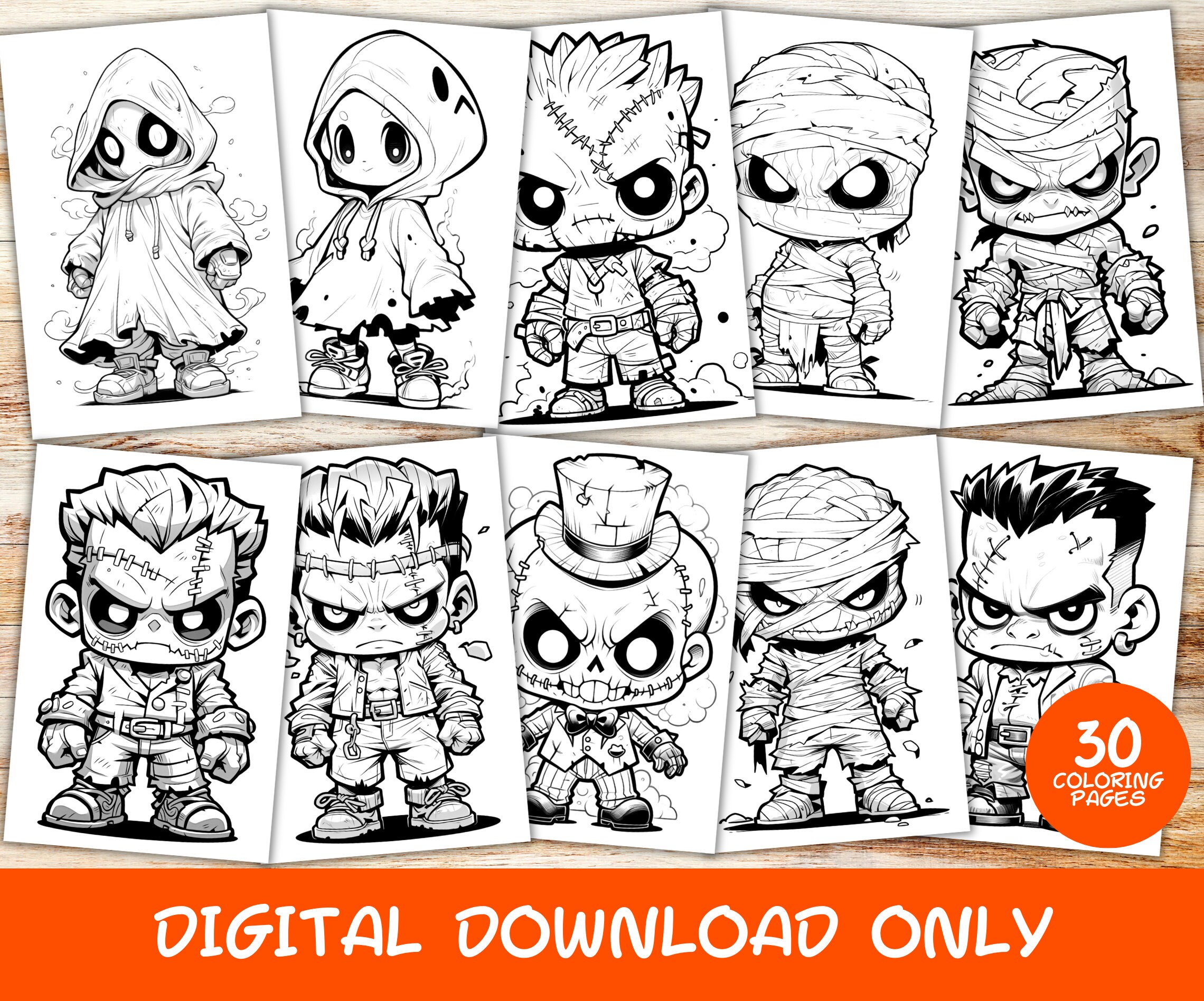 30 Halloween Monsters Volume 1 Coloring Pages Book, Adults, Instant ...