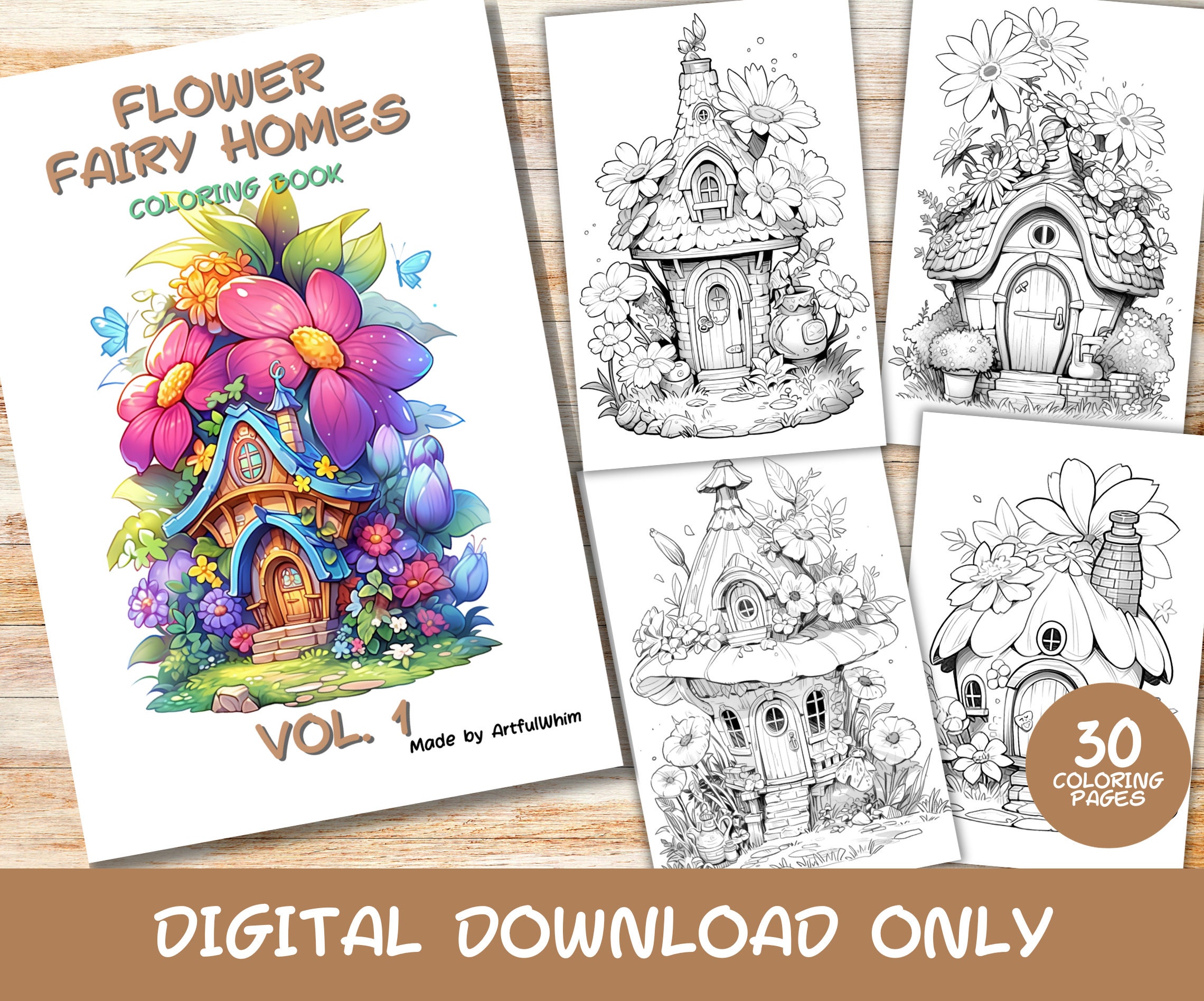 30 Flower Fairy Homes Volume 1 Coloring Pages Book, Kids, Adults ...