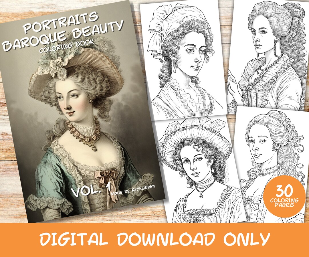 30 Portraits Baroque Beauty Volume 1 Coloring Pages Book, Kids, Adults ...