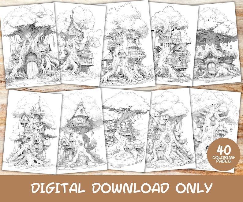 40 Fantasy Tree Villages Coloring Pages Book, Kids, Adults, Instant ...