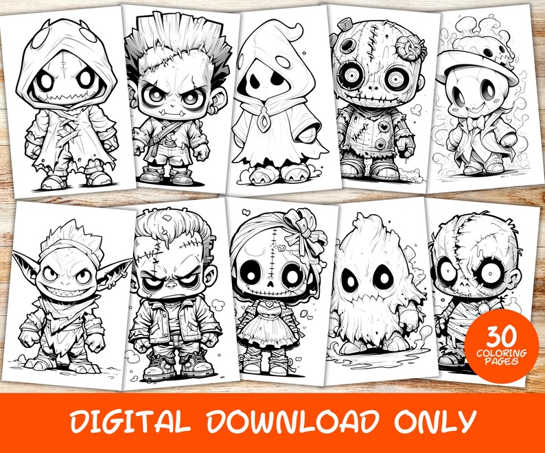 30 Halloween Monsters Volume 1 Coloring Pages Book, Adults, Instant ...