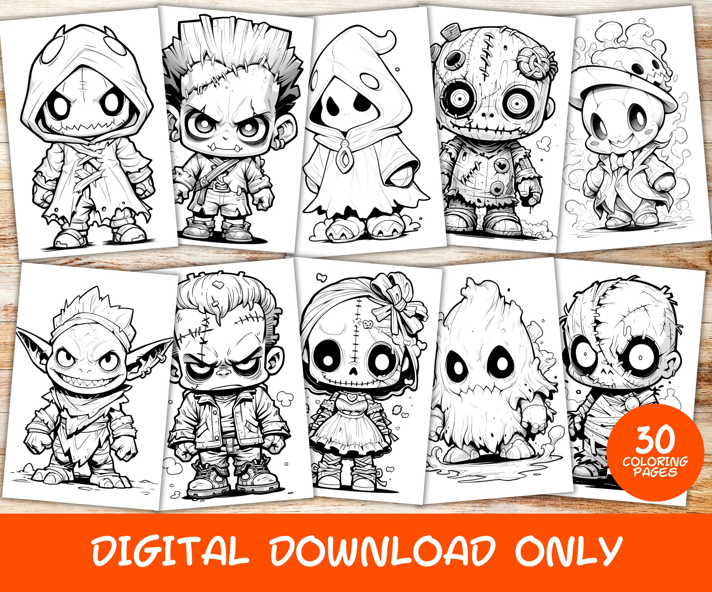 30 Halloween Monsters Volume 1 Coloring Pages Book, Adults, Instant ...