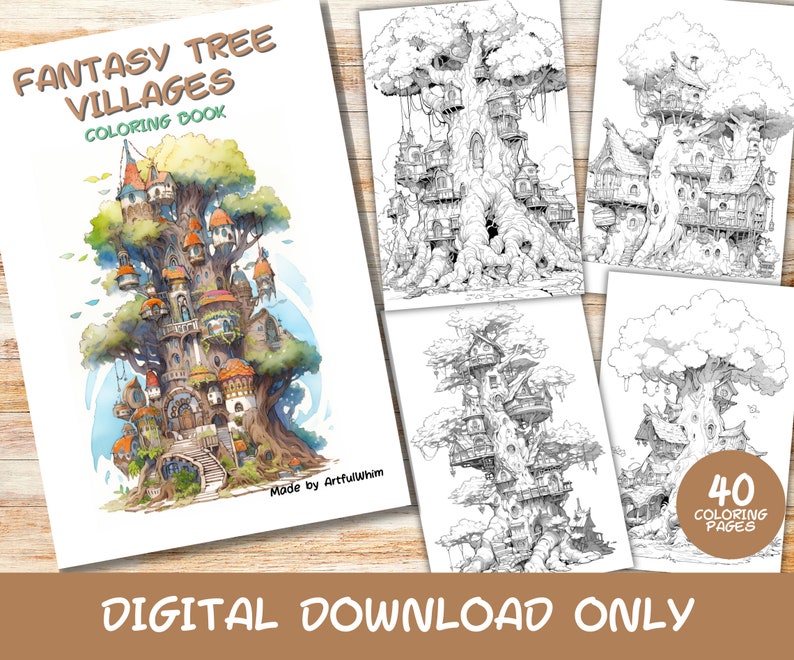 40 Fantasy Tree Villages Coloring Pages Book, Kids, Adults, Instant ...