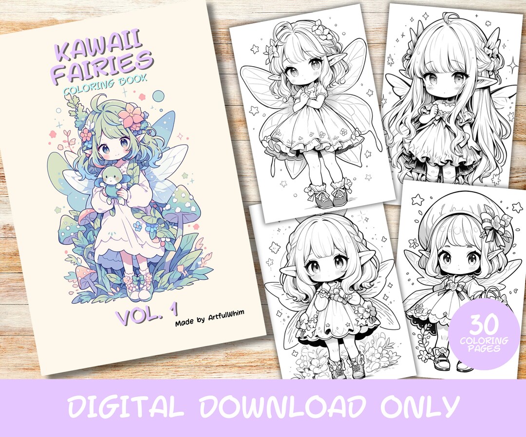 30 Kawaii Fairies Volume 1 Coloring Pages Book, Kids, Adult, Instant ...