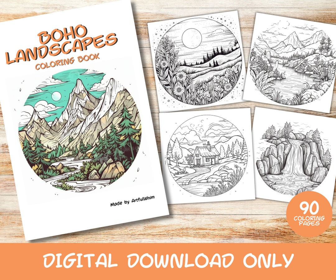 90 Boho Landscapes Coloring Pages for Adults,instant Download Grayscale ...