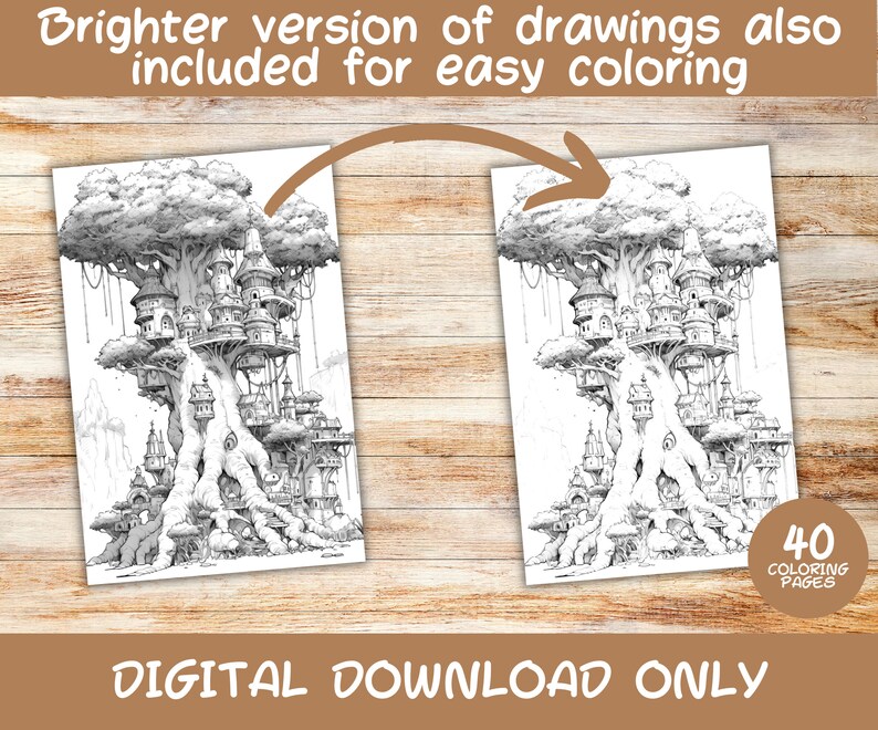 40 Fantasy Tree Villages Coloring Pages Book, Kids, Adults, Instant ...