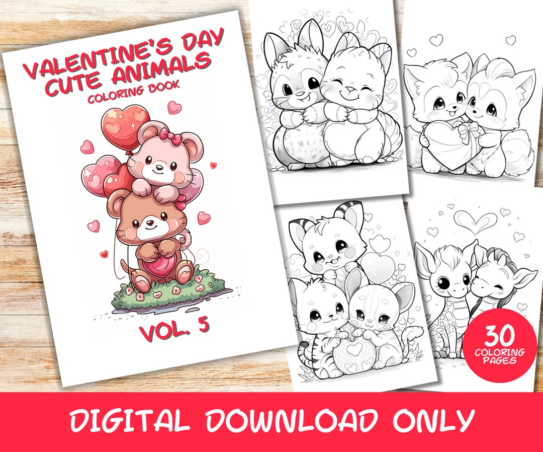 30 Valentine’s Day Cute Animals Volume 5 Coloring Pages Book, Kids ...