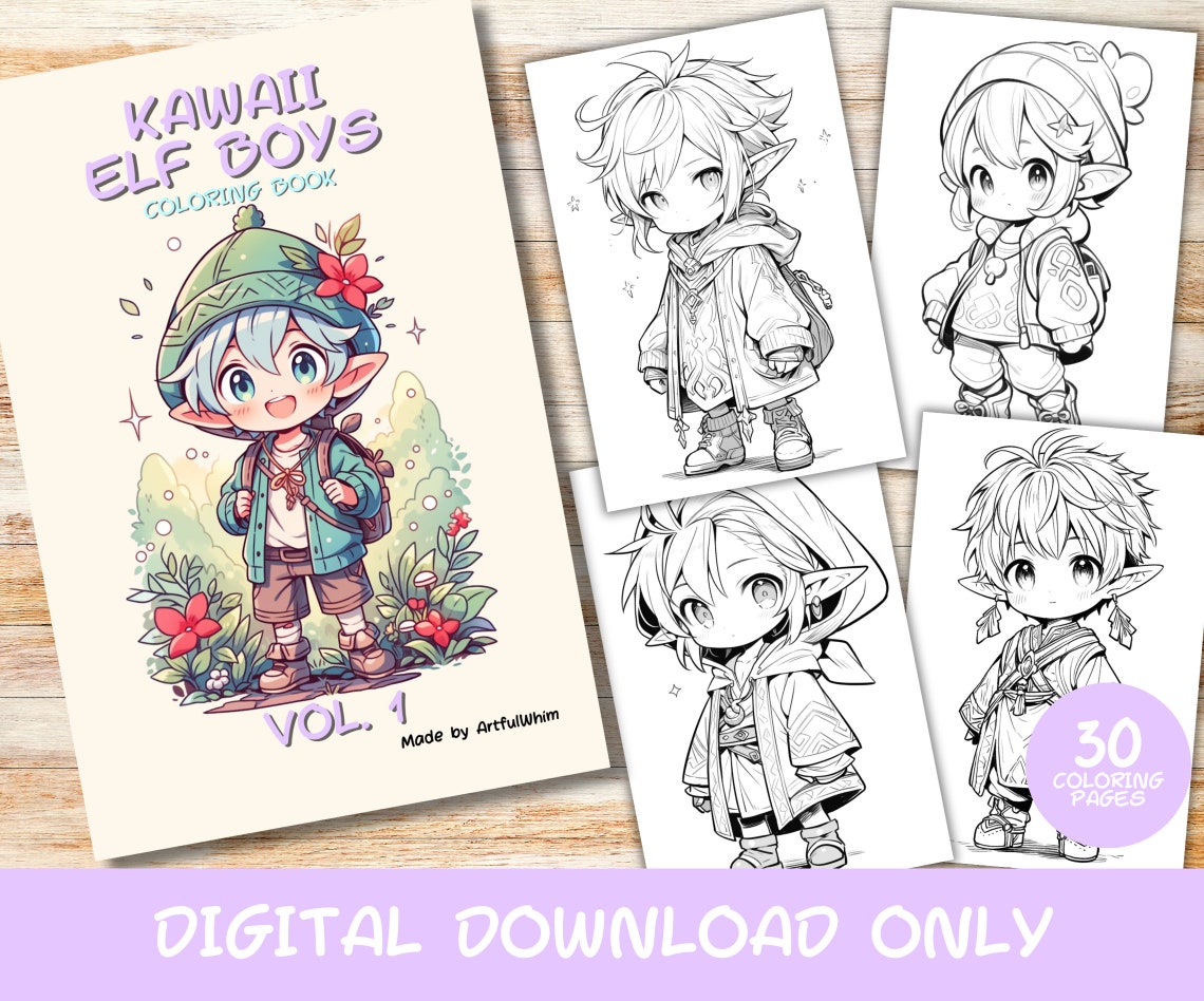 30 Kawaii Elf Boys Volume 1 Coloring Pages Book, Kids, Adult, Instant ...