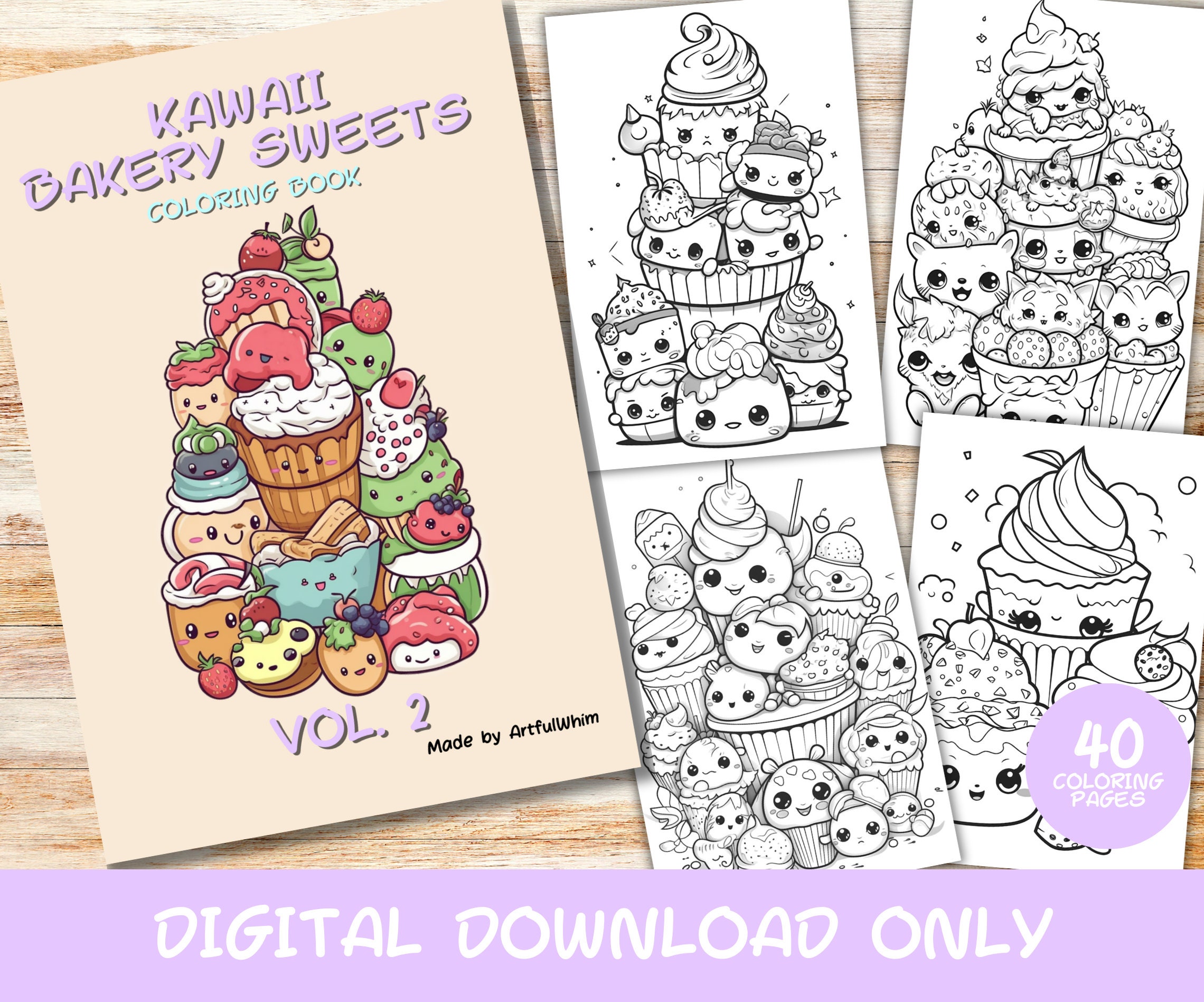 40 Kawaii Bakery Sweets Coloring Pages Book Volume 2, Kids, Adults ...