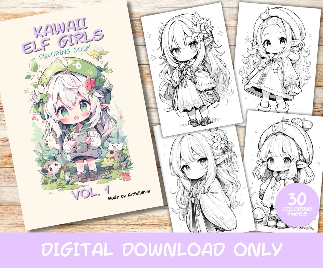 30 Kawaii Elf Girls Volume 1 Coloring Pages Book, Kids, Adult, Instant ...