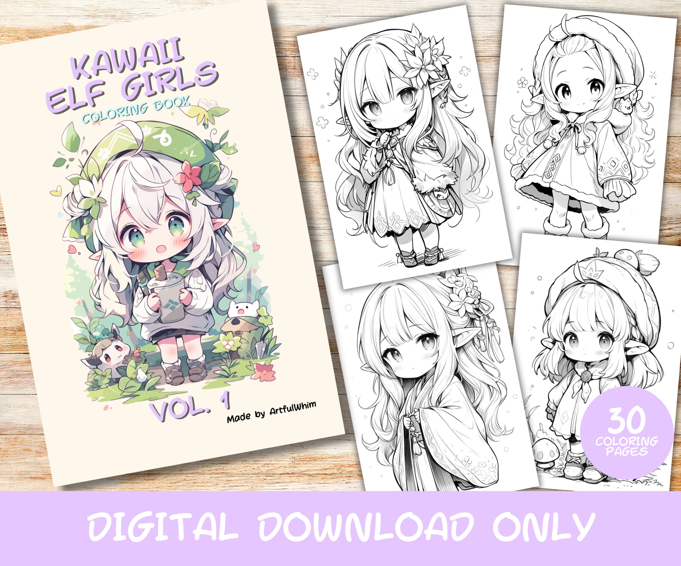 30 Kawaii Elf Girls Volume 1 Coloring Pages Book, Kids, Adult, Instant ...