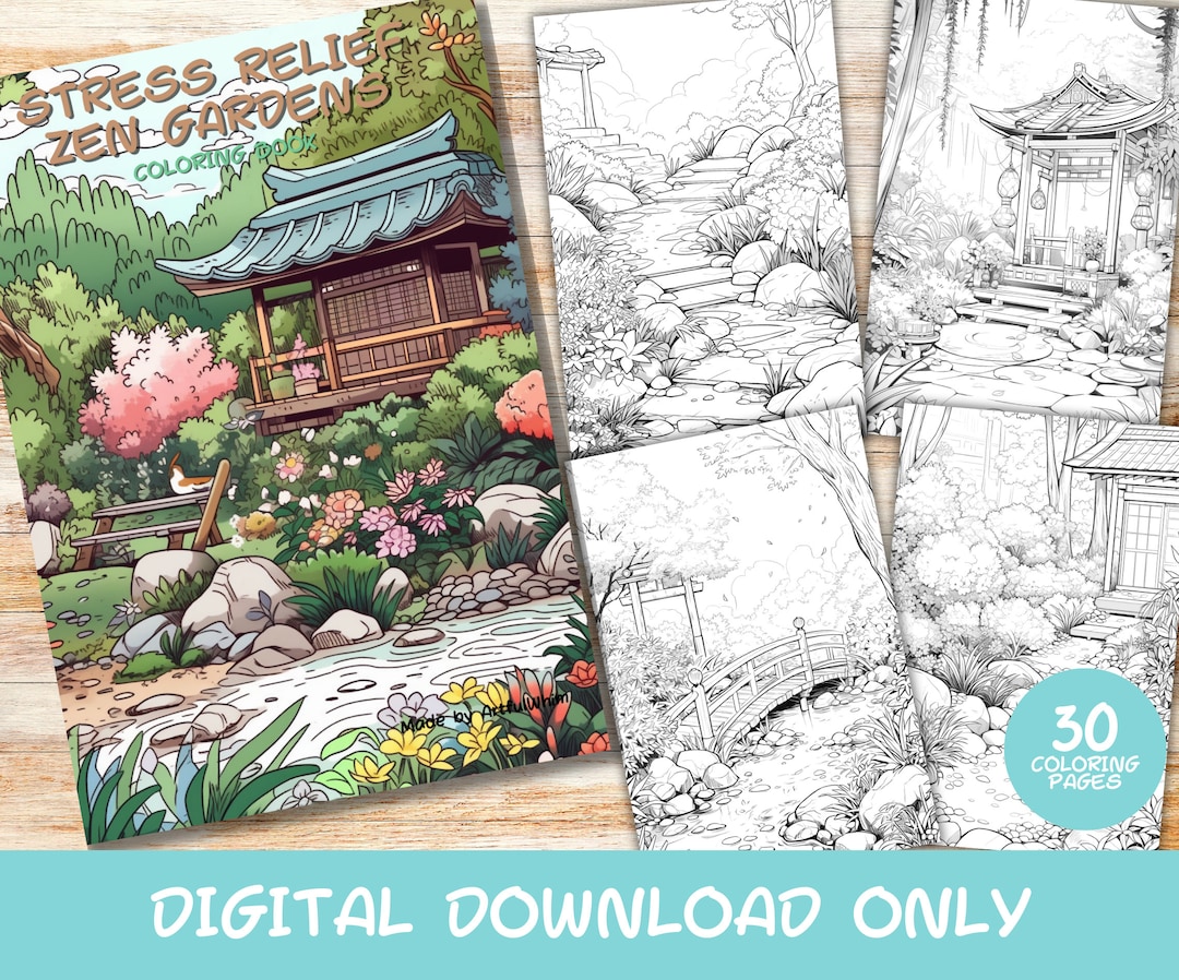 30 Stress Relief Zen Gardens Coloring Pages Book, Adults, Instant ...
