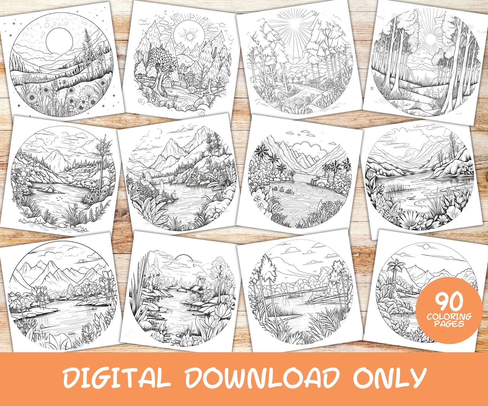 90 Boho Landscapes Coloring Pages for Adults,instant Download Grayscale ...